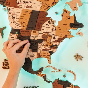 Wooden World Map Home Decor, Wood Wall Art 5th Anniversary Gift, Push ...