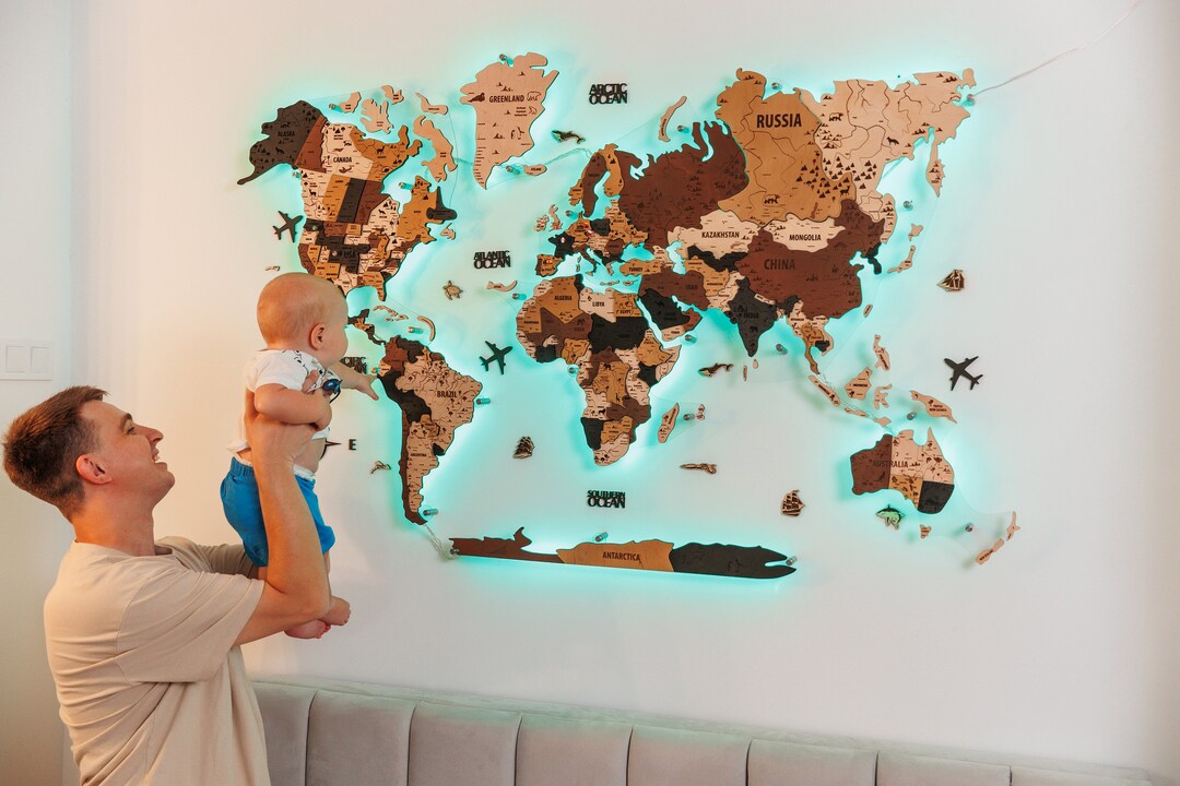Led Wooden World Map, World Map Push Pin Travel Decor, Travel Map of ...
