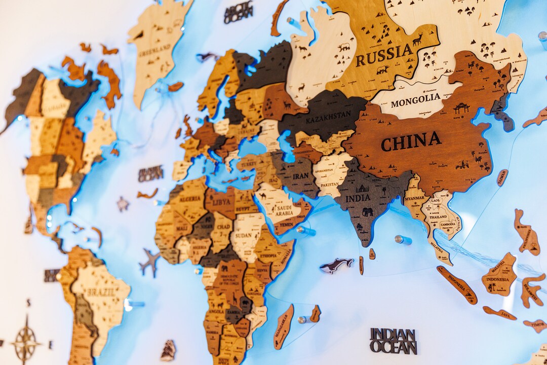 3D Led World Map Illuminated Wooden World Map Wall Decor Push - Etsy