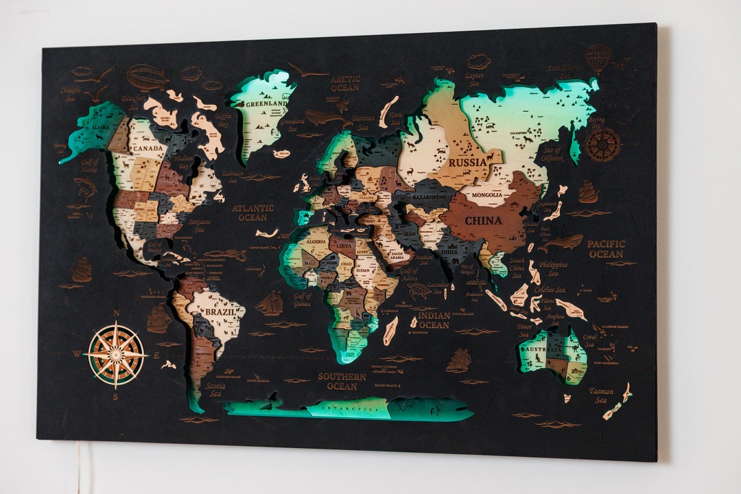 Travel Gifts Wooden World Map, Push Pin Travel Map, Office Wall Decor ...