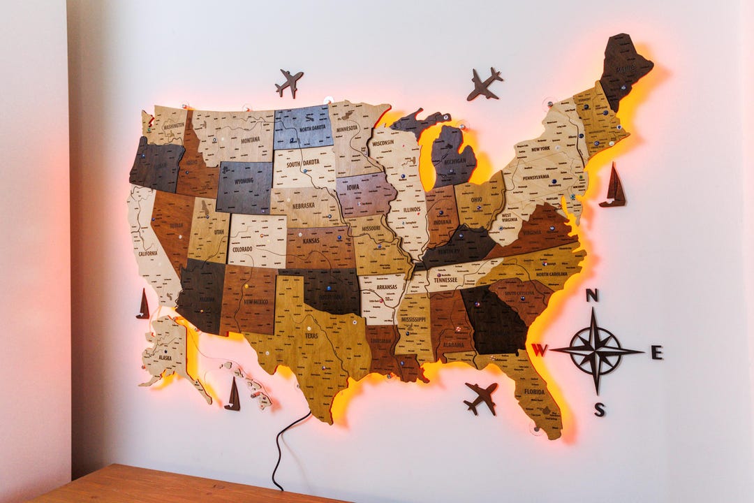 Wooden USA Travel Map With Pins & LED Backlight - Etsy