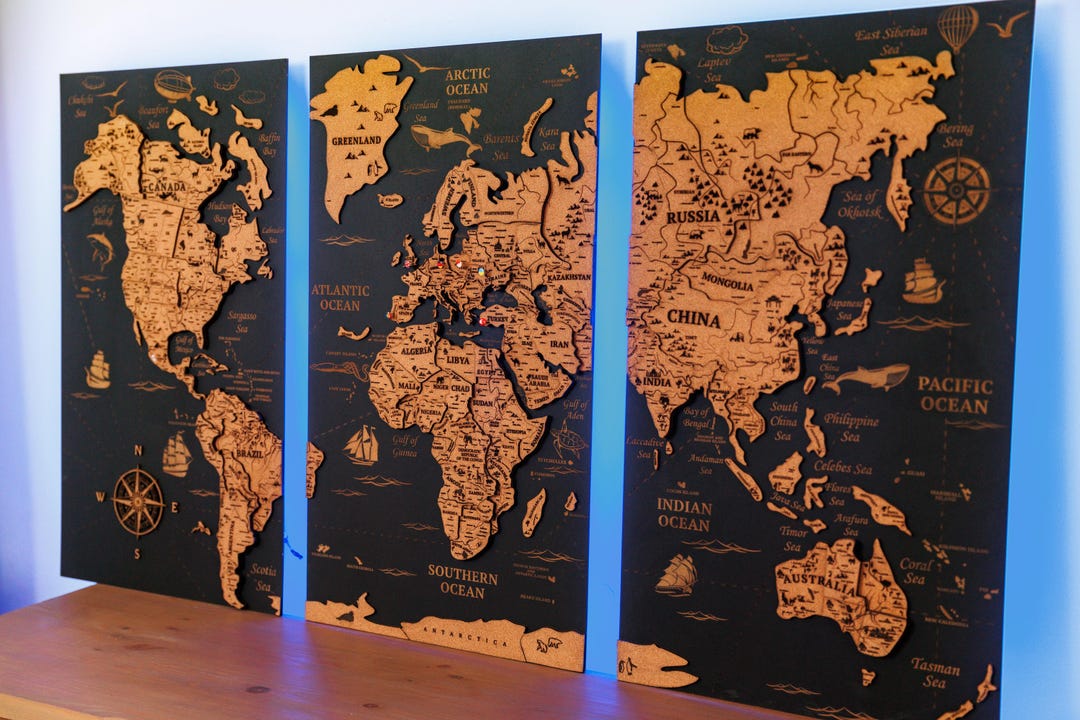Cork World Map of Canvas, 5th Anniversary Gift Travel Map Wood Map Art ...