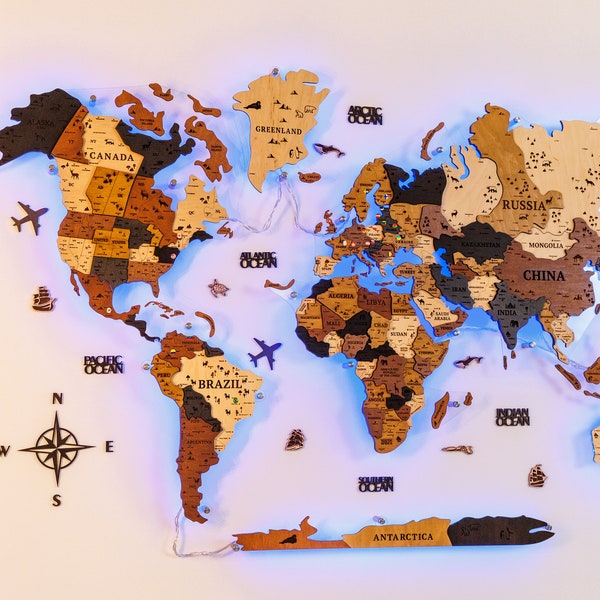 Wooden World Map With Led Lights - Etsy