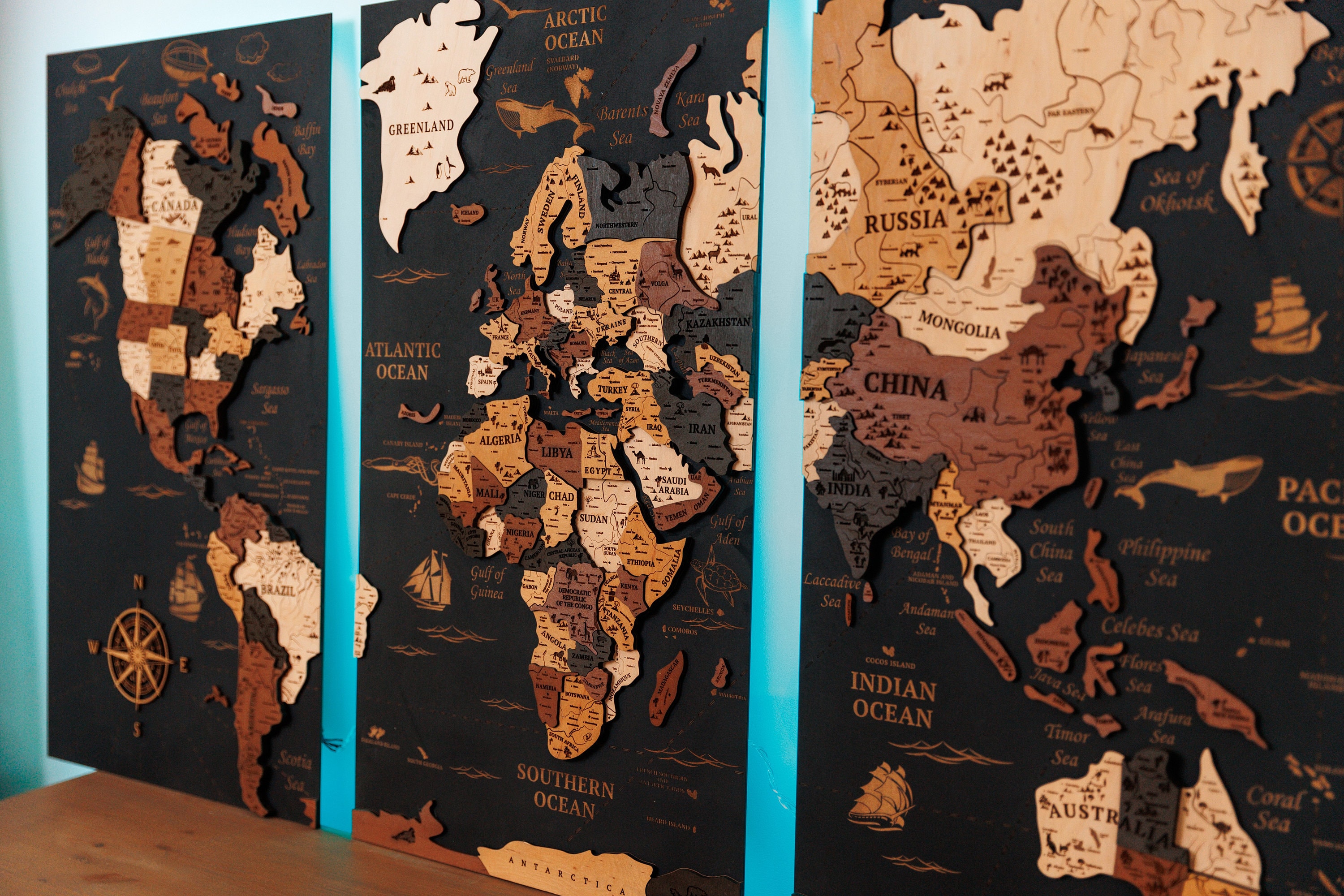 Large Wall Decor Led Wooden Map of the World, Couples Gift Led Wood Map ...