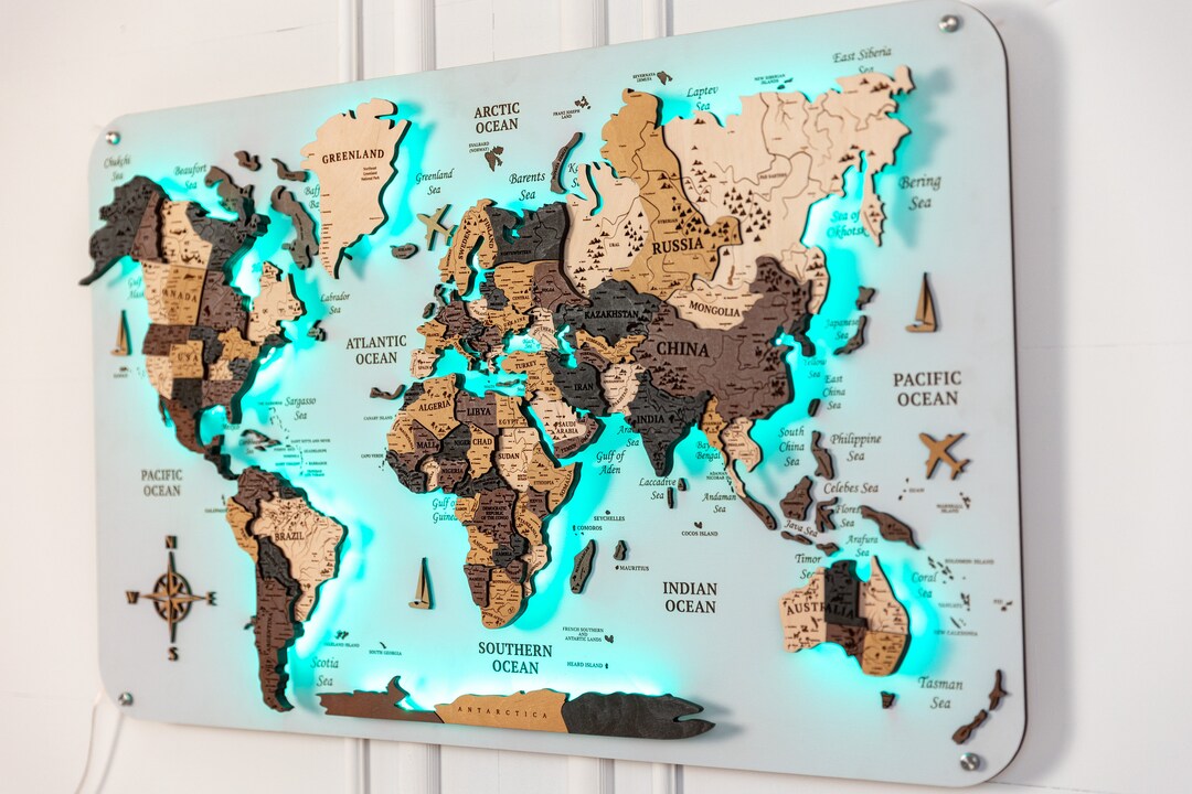 Led Wall Map of the World Canvas Wooden Art, World Map Wall Art Wooden ...
