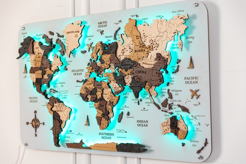 Led Wall Map of the World Canvas Wooden Art, World Map Wall Art Wooden ...