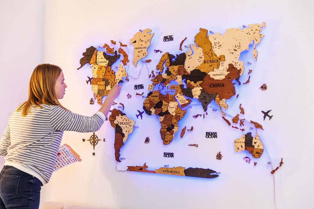 Map of the World, Wooden Map, 3d Wooden World Map, Push Pin Travel Map ...
