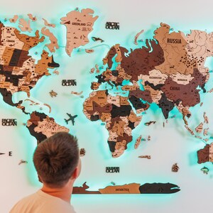 Led Wooden Map, Wall Home Decor With Led Light, Travel Map, Push Pin ...