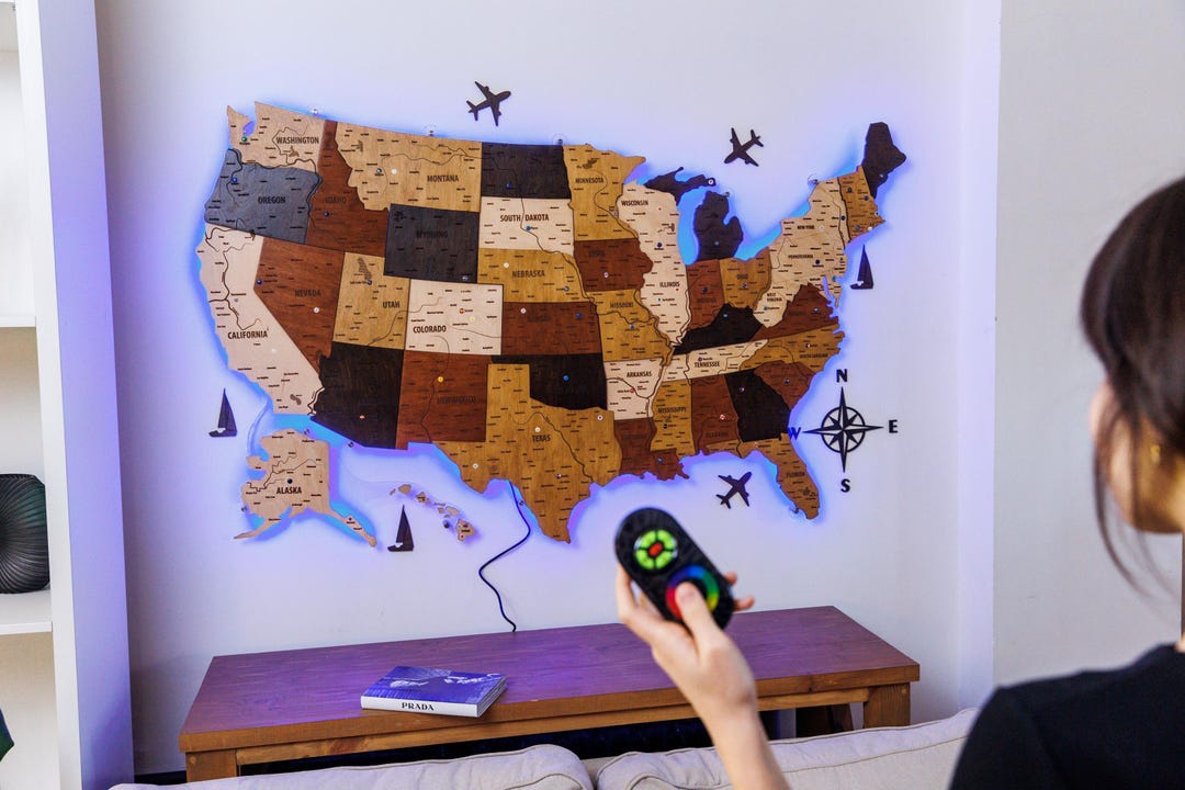Push Pin USA Wall Map, Large Travel Map of United States, Wooden USA ...