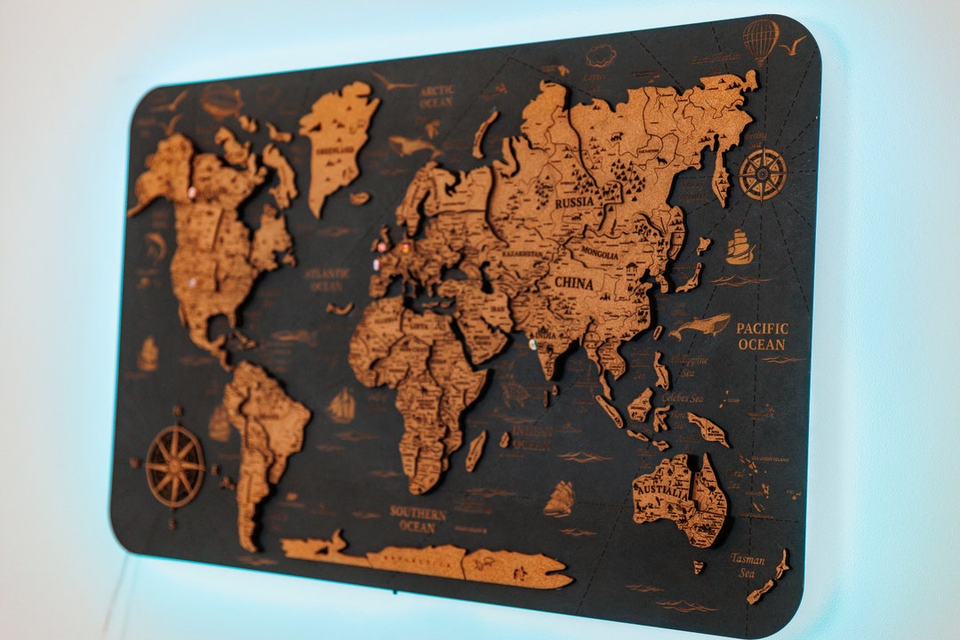 LED Wooden World Map: Push Pin Travel, Personalized Wall Decor - Etsy