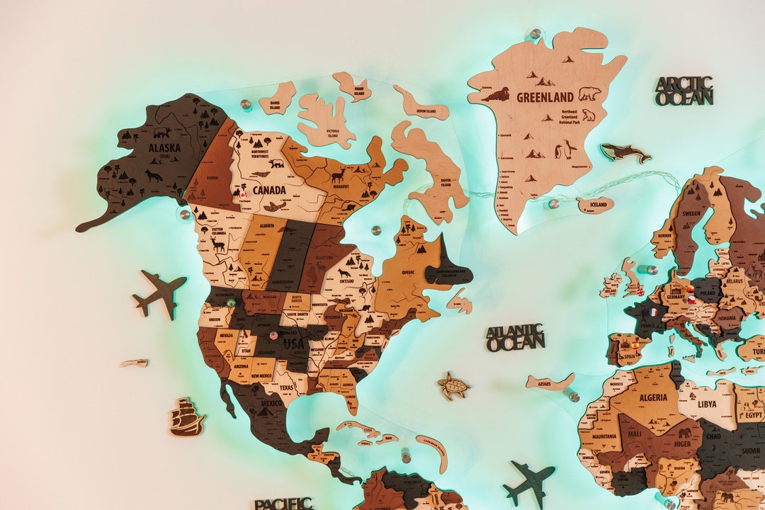 Led Wooden Map, Wall Home Decor With Led Light, Travel Map, Push Pin ...