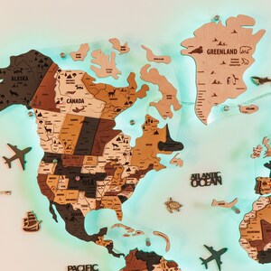 Led Wooden Map, Wall Home Decor With Led Light, Travel Map, Push Pin ...