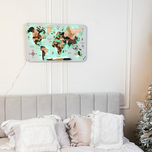 Led Wall Map of the World Canvas Wooden Art, World Map Wall Art Wooden ...