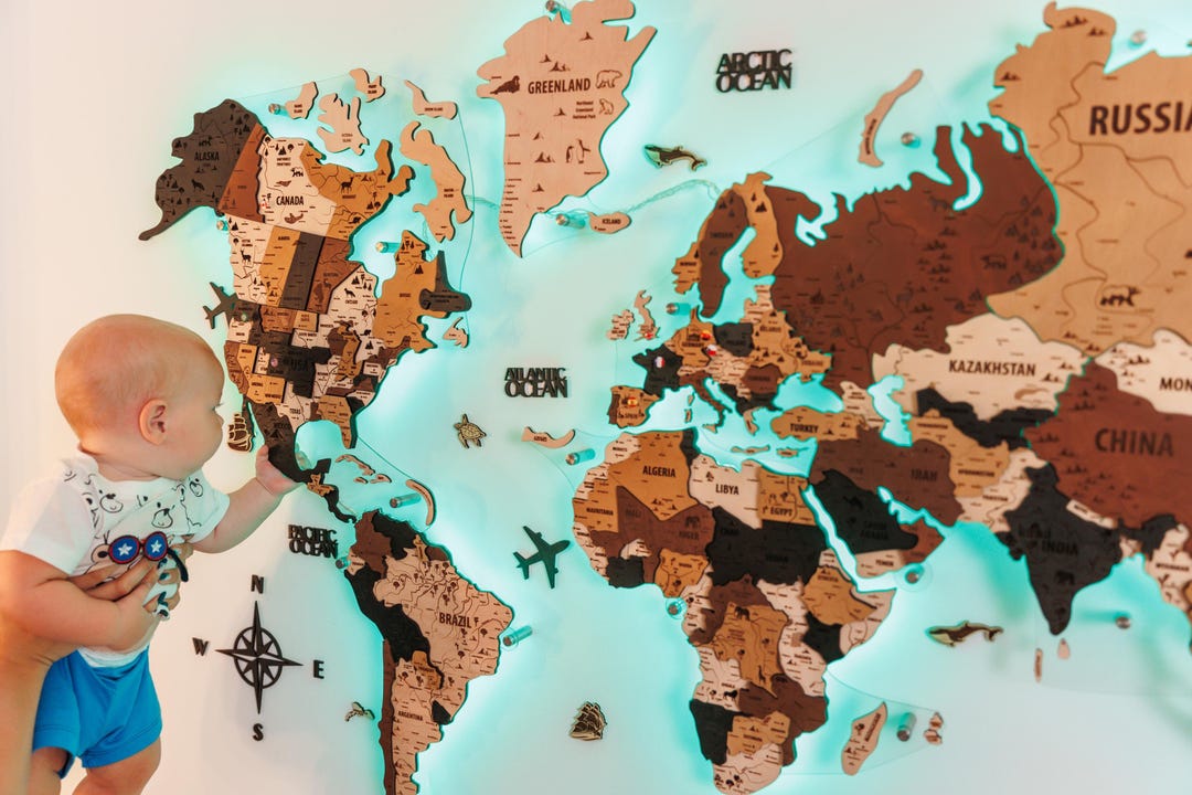 3D World Map for Wall, Travel Decor Wall Art, Light Wood World Map Push ...