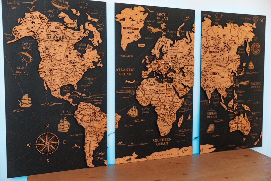 3-part World Map, Wooden World Map, Push Pin Travel Maps, Personalized ...