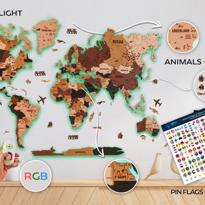 Led World Map Wood World Map 3D LED RGB Map of the World Modern Home ...