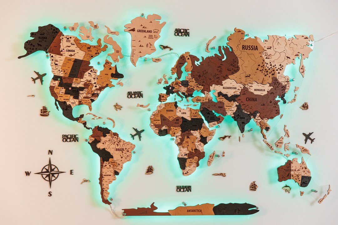 3D Led World Map Illuminated Wooden World Map Wall Decor Push Pin Map World Map With Light Brown ...