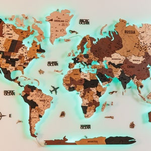 3D Led World Map Illuminated Wooden World Map Wall Decor Push Pin Map World Map With Light Brown ...