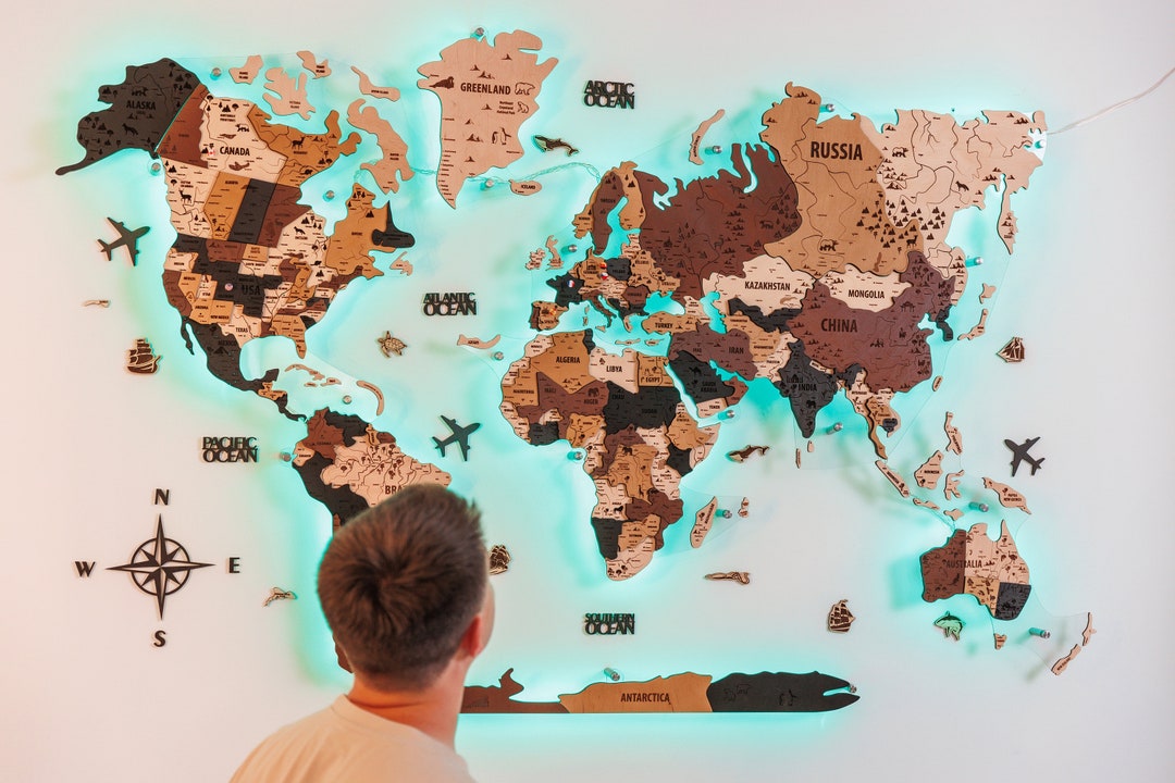 Map of the World Office Decor, Push Pin Wooden World Map, Wood Wall ...