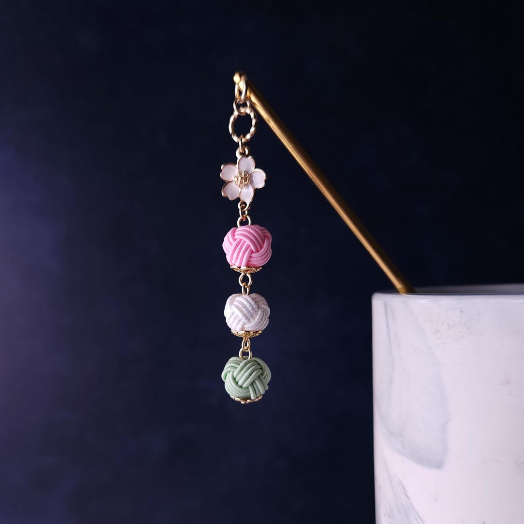 Japanese Mizuhiki Dangle Kanzashi Hair Stick, 3 Colors Hanami Dango ...