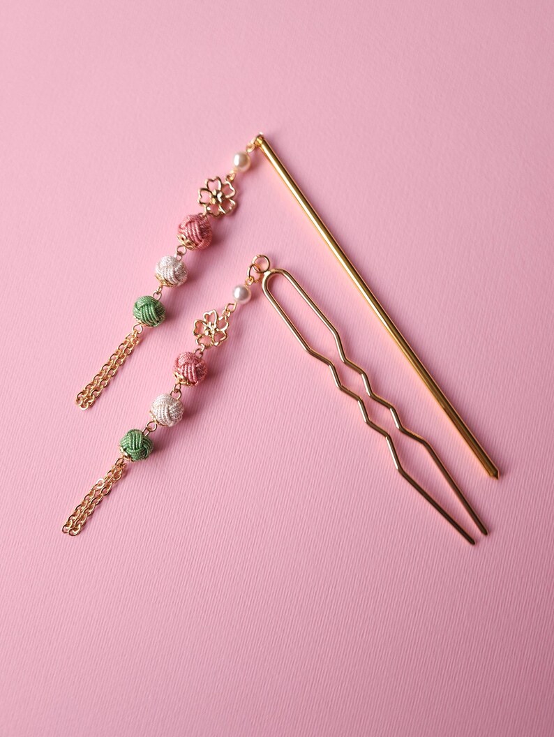 Japanese Mizuhiki Dangle U-shaped Kanzashi Hair Stick - Pink White ...