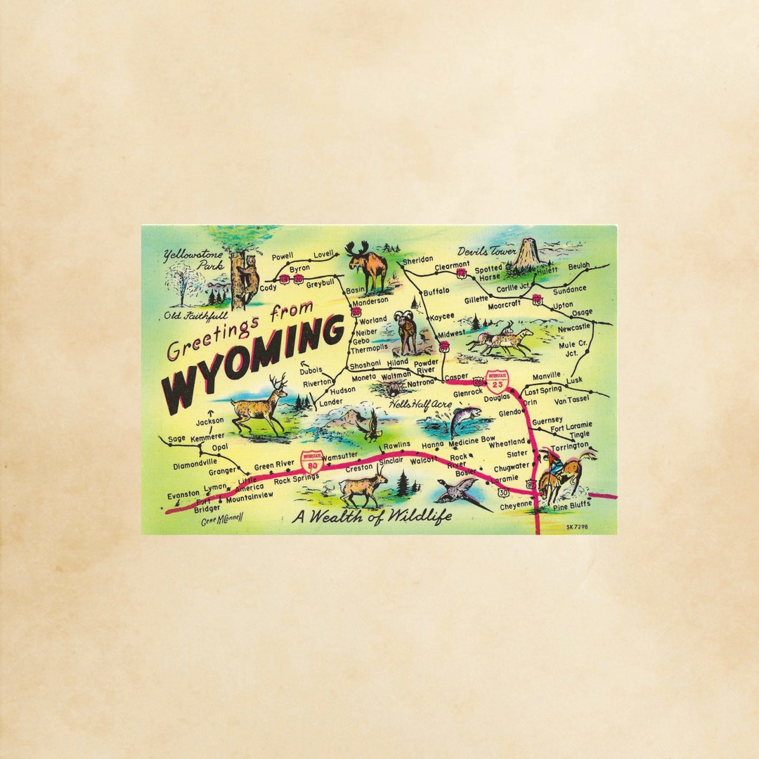 Vintage Greetings From Wyoming Postcard, WY State Postcards ...