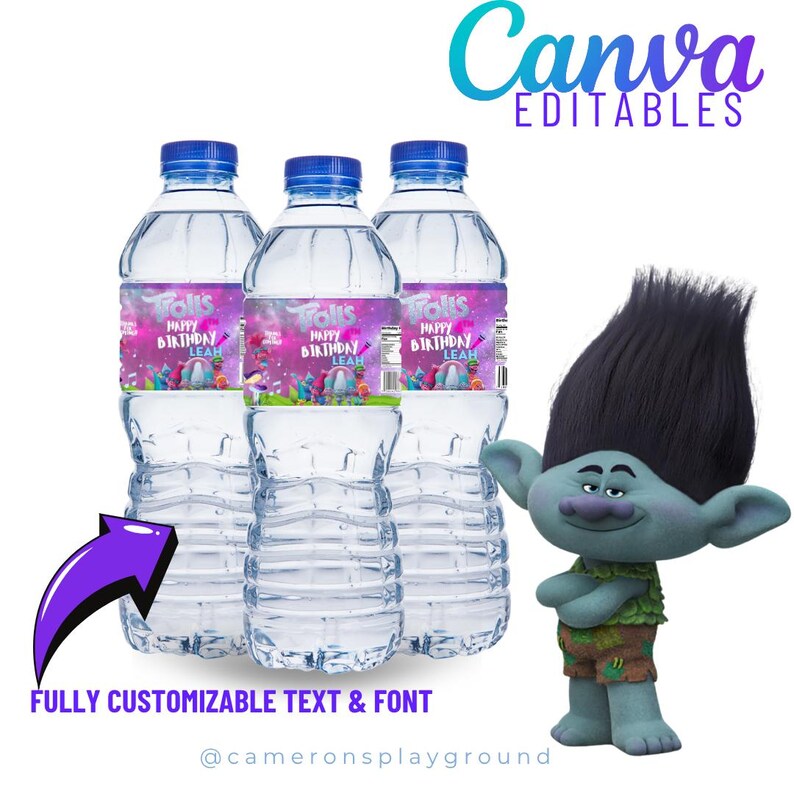 Trolls Birthday Water Bottle Label | Digital Download| Canva Editable ...