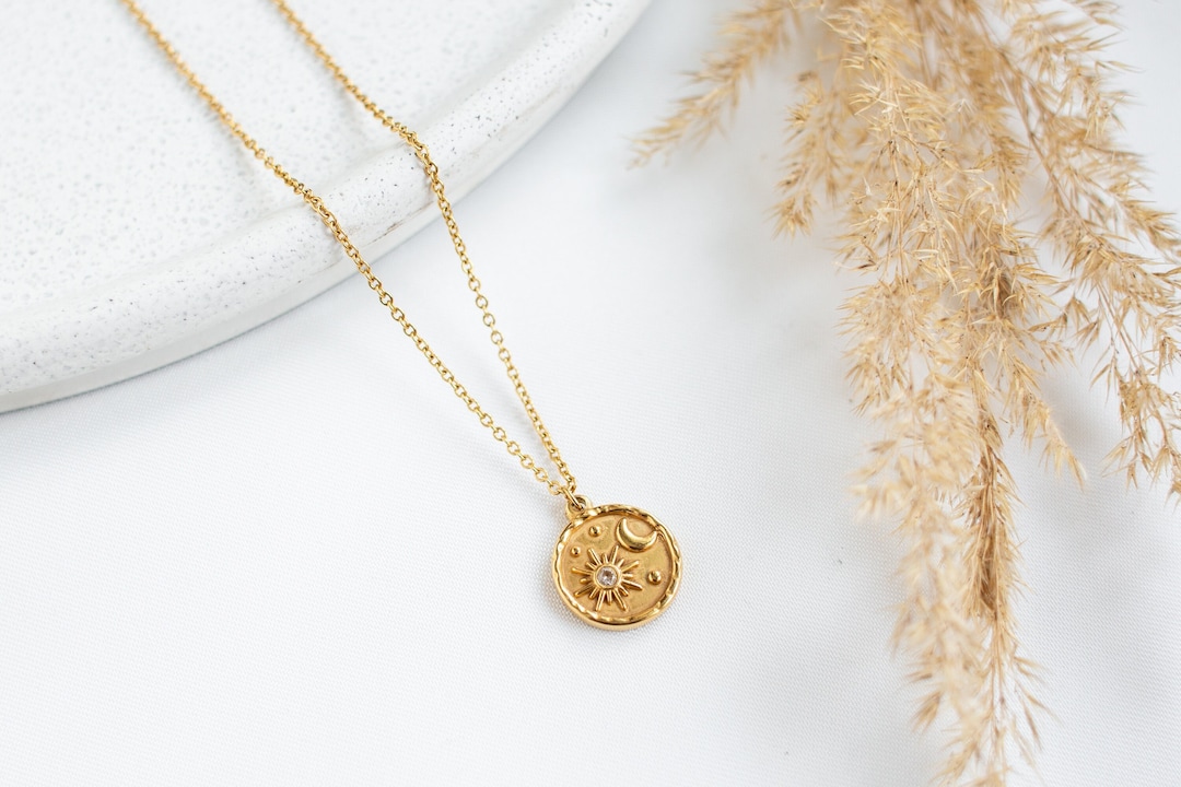 Goldkette mit Anhänger, Kette Gold Sonne, Kette Gold Mond, Goldkette ...