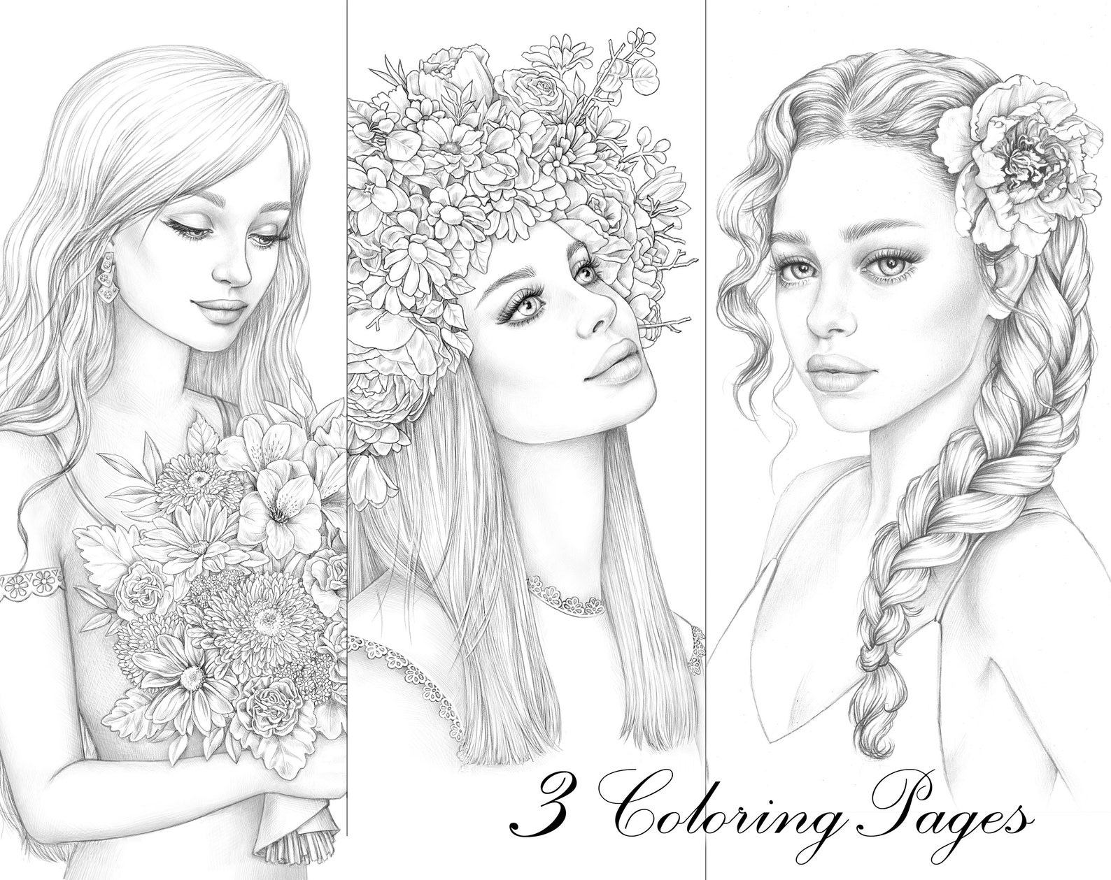 Floral Girl Portrait Coloring Pages, Grayscale Illustration (JPEG and ...