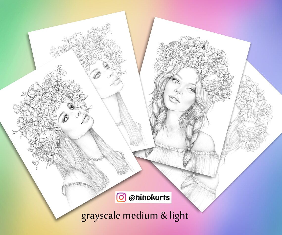 Set of 4 Coloring Pages Download Grayscale Illustrations - Etsy