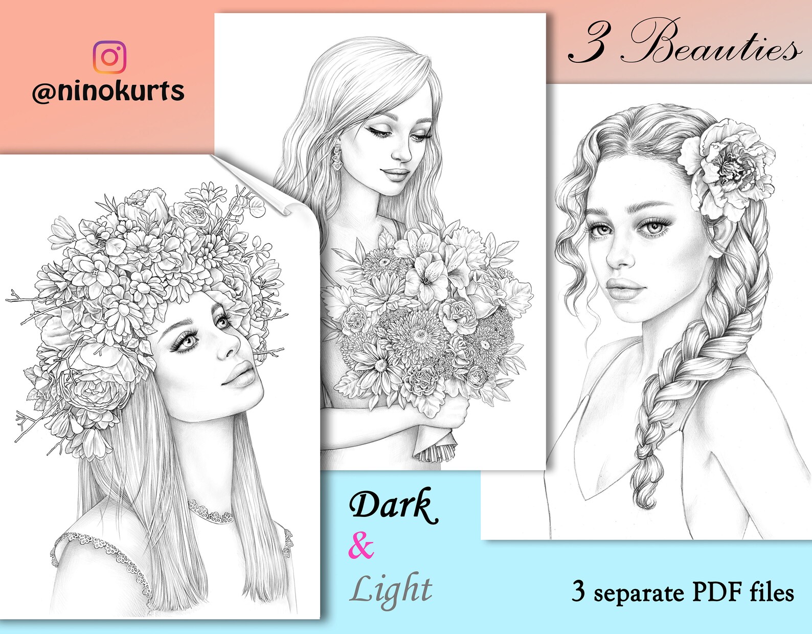 Floral Girl Portrait Coloring Pages, Grayscale Illustration (JPEG and ...