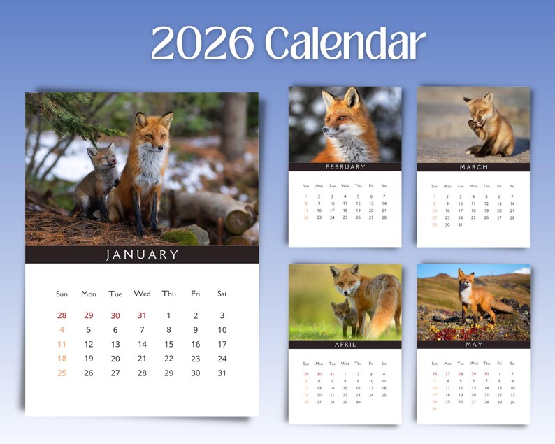 Foxes 2026 Calendar Printable - Etsy Canada