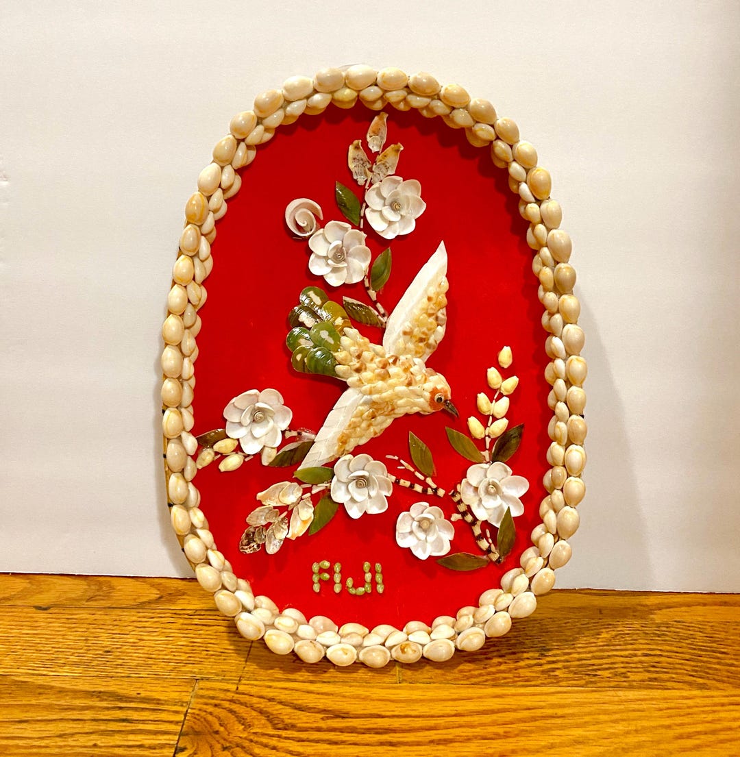 Vintage Real Sea Shell Bird & Flowers Wall Art on Wicker Back - Etsy