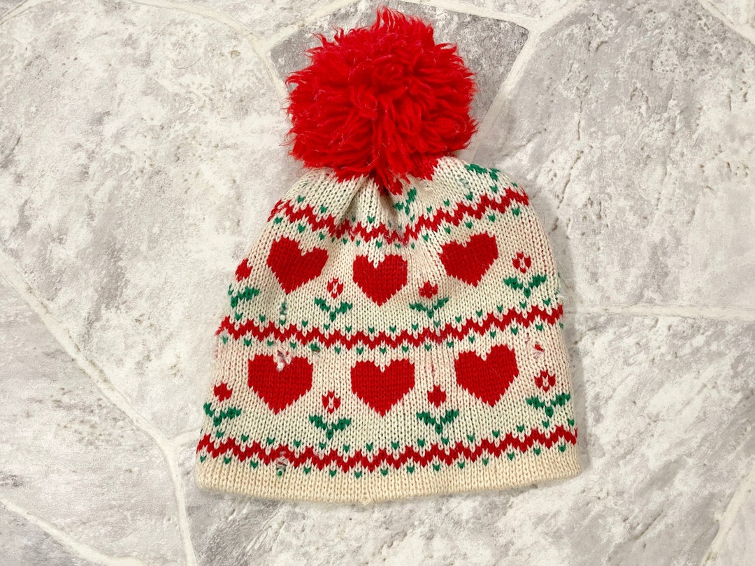 Vintage Cottagecore Heart Pattern Knitted Wool Hat With Big Pom Pom Top ...
