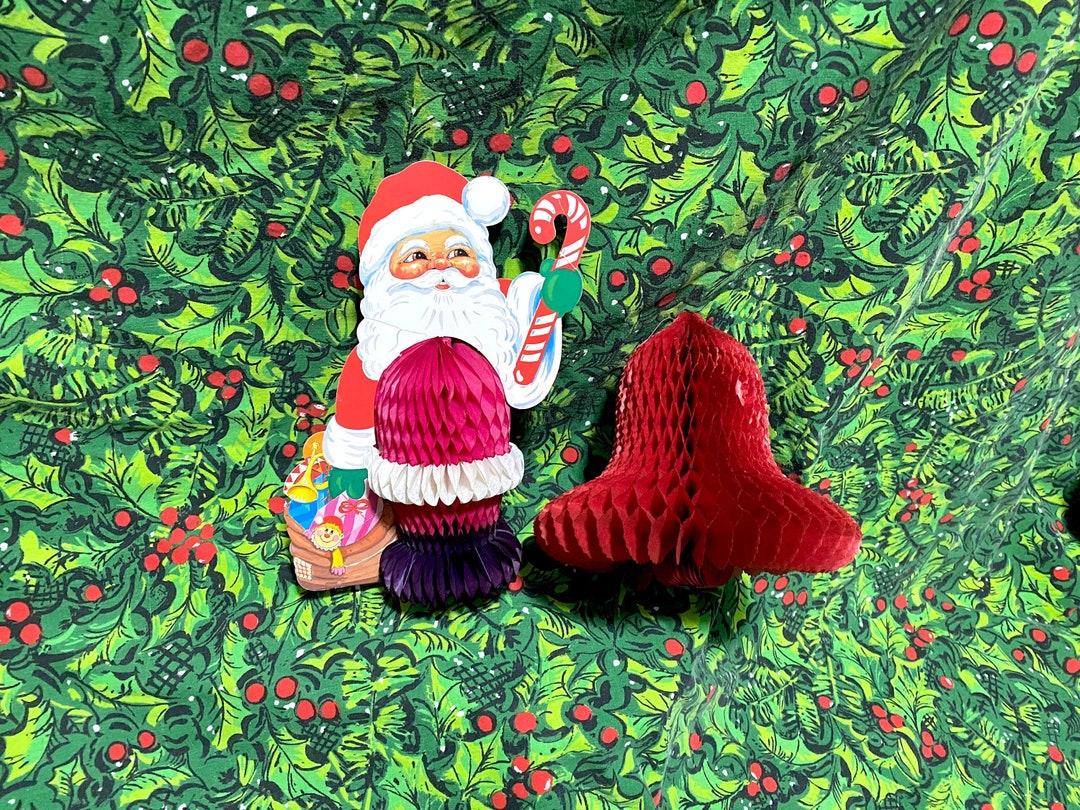 Vintage Christmas Honeycomb Paper Fold Out Decorations Santa and Bell ...