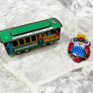 2 Vintage Tin Litho Toys Trolley Cable Car Toy & Owl Clicker Toy - Etsy