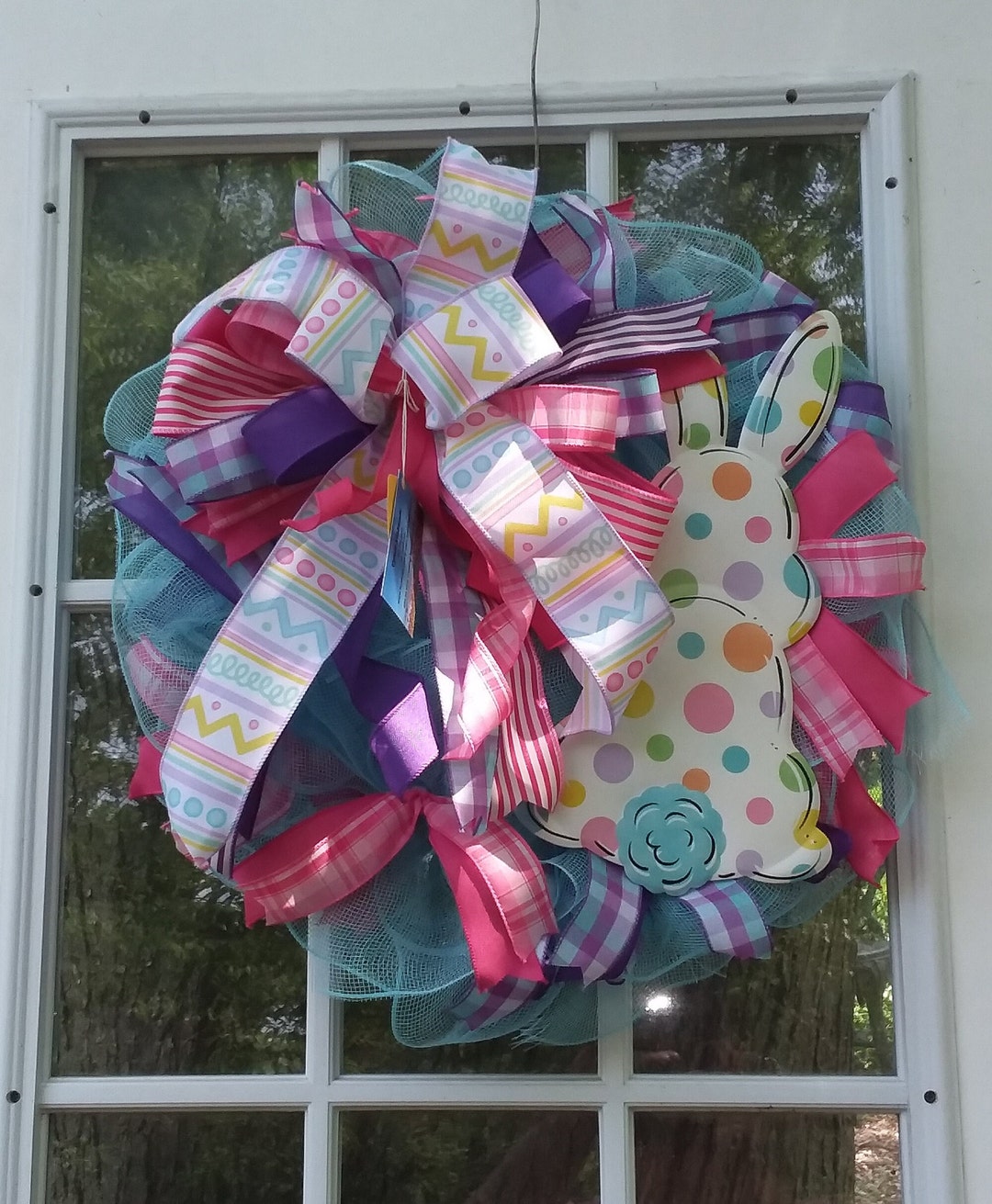 Polka Dot Easter Bunny Wreath, Spring Ribbon Decor - Etsy