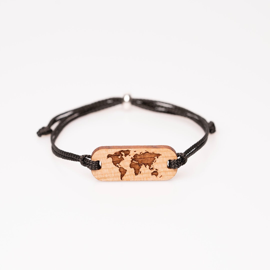 World Map Elongated Bracelet Made of Cherry Wood, Personalized, Wooden ...