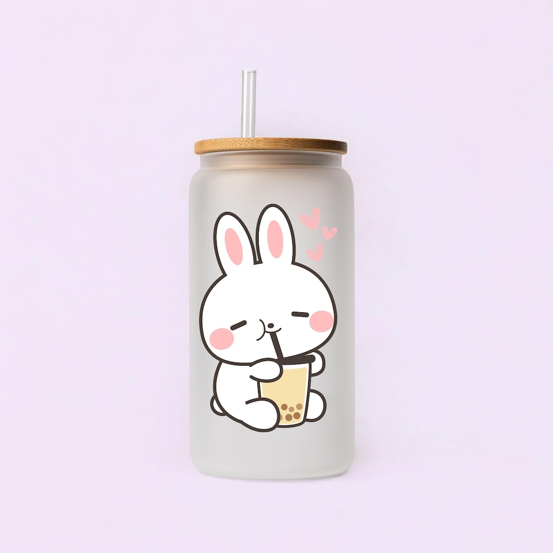 Boba Bunny Glass Cup With Bamboo Lid and Straw! - Etsy