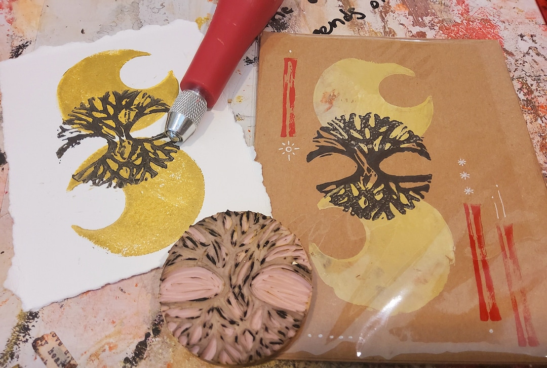 Two Moons, Original Linocut Greeting Card by Dana Dewitt, Hand Stamped ...