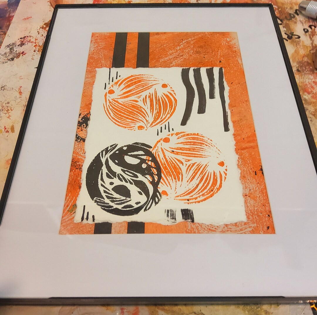 Koi No. 2 Linocut Original Framed Linocut & Mixed Media Collage by Dana ...
