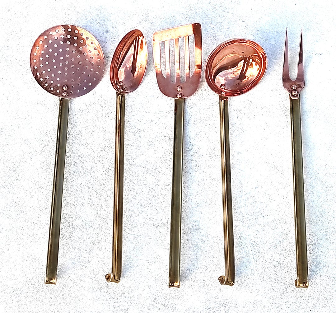 Vintage French Copper Kitchen Utensil Set X5 Sieve Fork Spatula Ladle ...