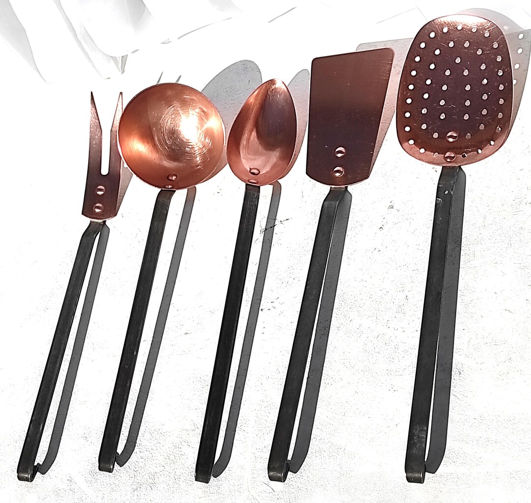Vintage French Copper & Iron Utensil Set X5| Fork, Ladle, Sieve, Spoon ...