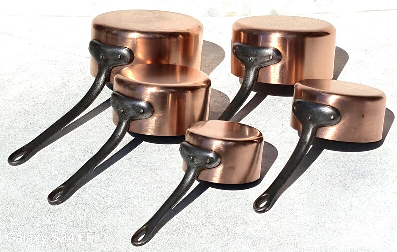 Vintage French Copper Cookware Set of 5, Fabrication Francaise, Tin ...