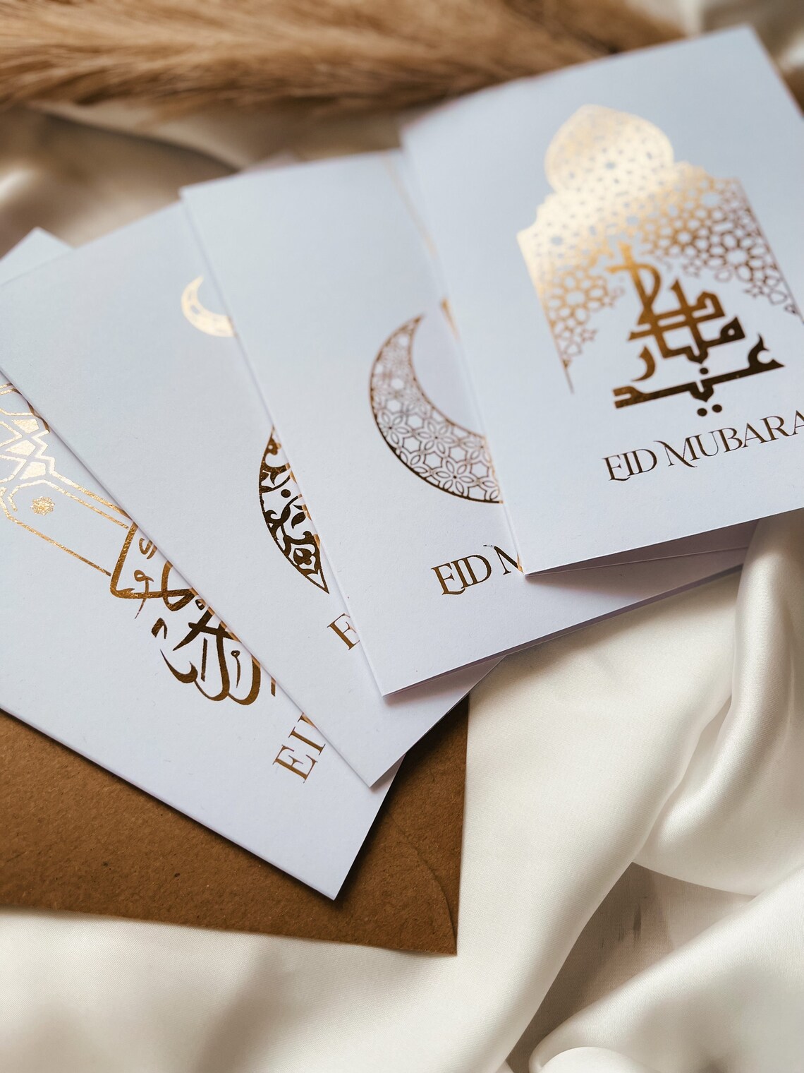Gold Foil Eid Cards With Envelope Pack of 4, Modern Islamic Design, Eid ...