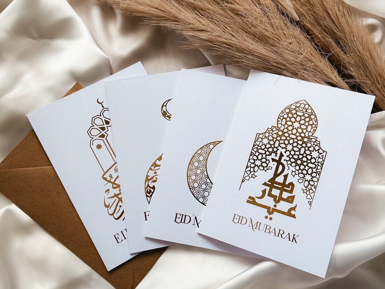 Gold Foil Eid Cards With Envelope Pack of 4, Modern Islamic Design, Eid ...