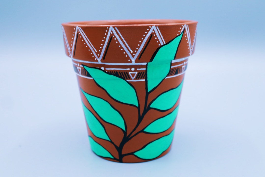 Aztec Leaf Art Plant Pot | Hand Painted Flower Pot | Indoor Outdoor ...