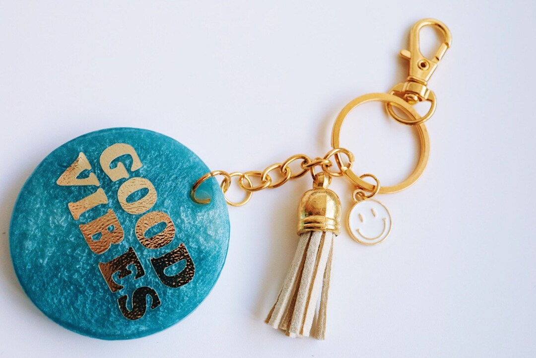 Good Vibes Keychain | Blue Slate | Gift for Her | Vinyl Resin Keychain ...