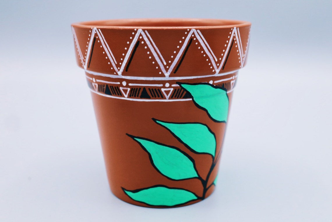 Aztec Leaf Art Plant Pot | Hand Painted Flower Pot | Indoor Outdoor ...