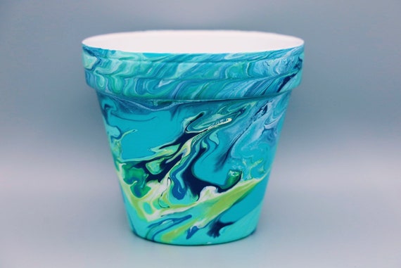 Aqua Flow Plant Pot Fluid Art Hand Painted Flower Pot - Etsy